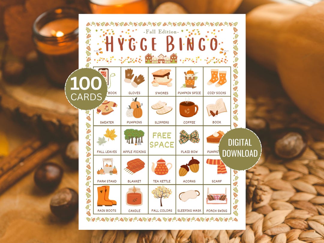Fall Hygge Bingo - 100 Printable Cards - Cozy Autumn Game and ...