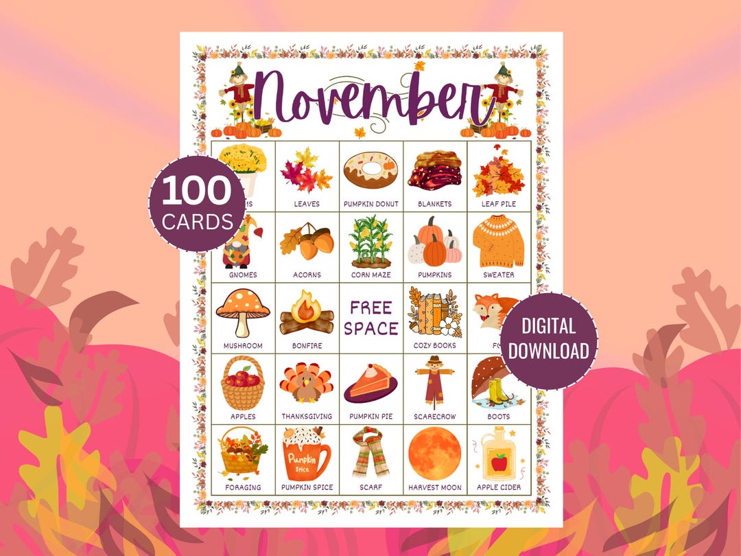 November Bingo, 100 Fall Bingo Cards for Adults, Kids, Office ...