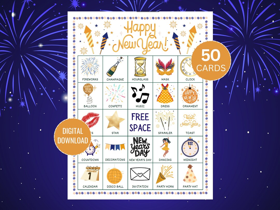 New Year's Bingo, 50 Happy New Year Bingo Cards, New Year's Eve Game ...