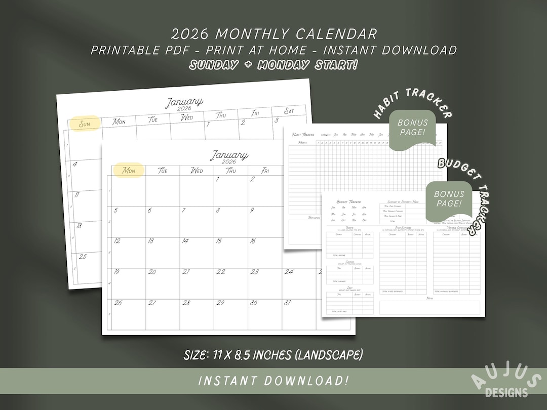 2026 Minimalist Monthly Calendar PRINTABLE PDF Landscape (CT01) - Etsy