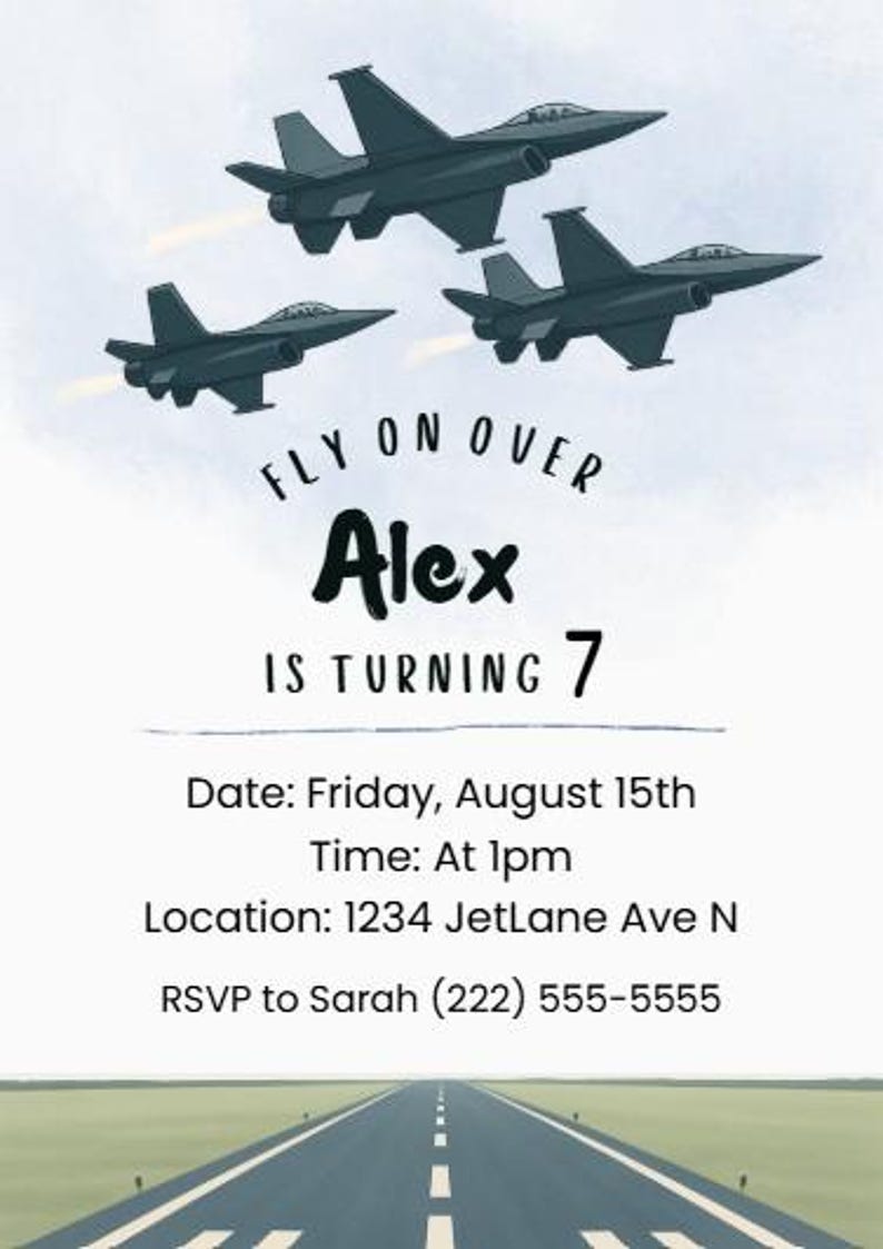 Fighter Jet Birthday Invitation: Military Pilot Party, Editable Canva ...