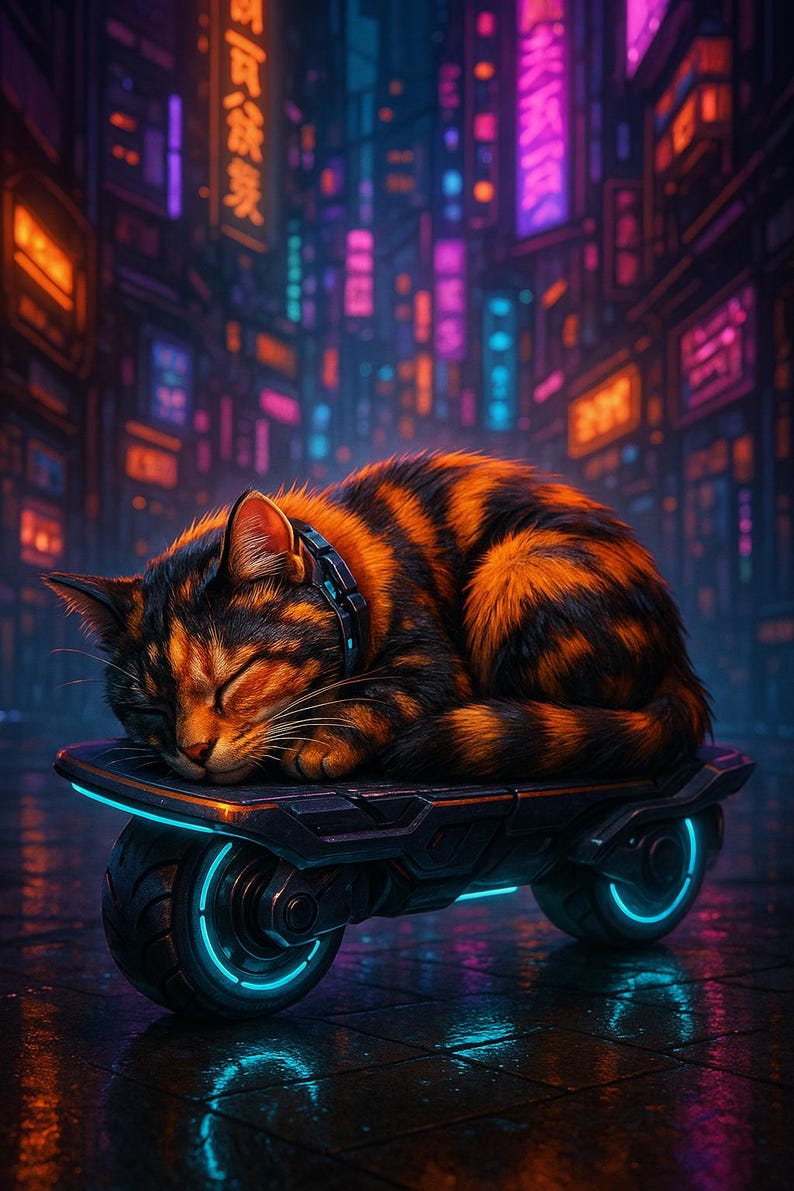 Cyberpunk Cat Art Bundle | Neon Hoverboard Cat & Sci-fi Girl Duo | AI ...