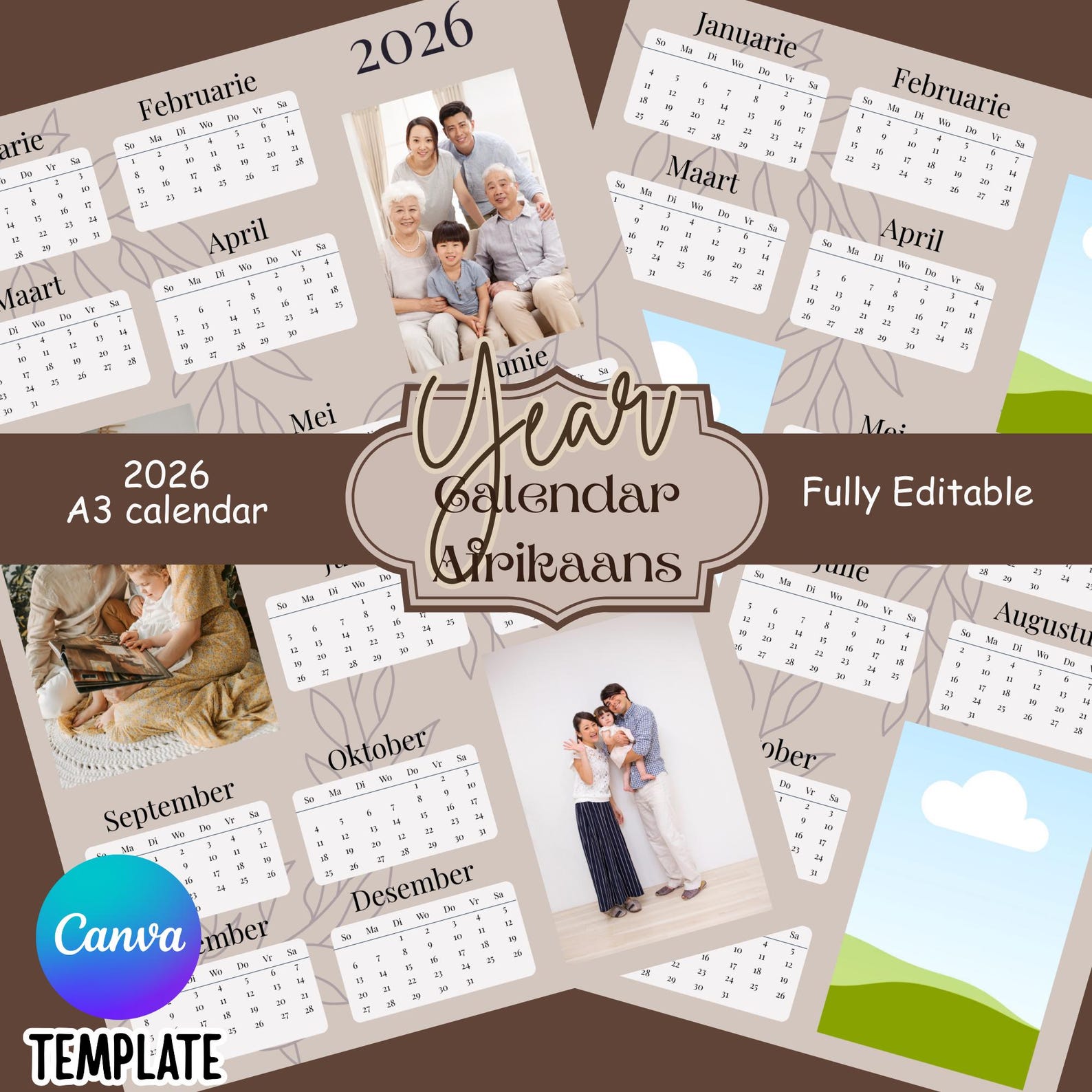 Editable Afrikaans Year Calendar Template A3 | Canva Free | Printable ...
