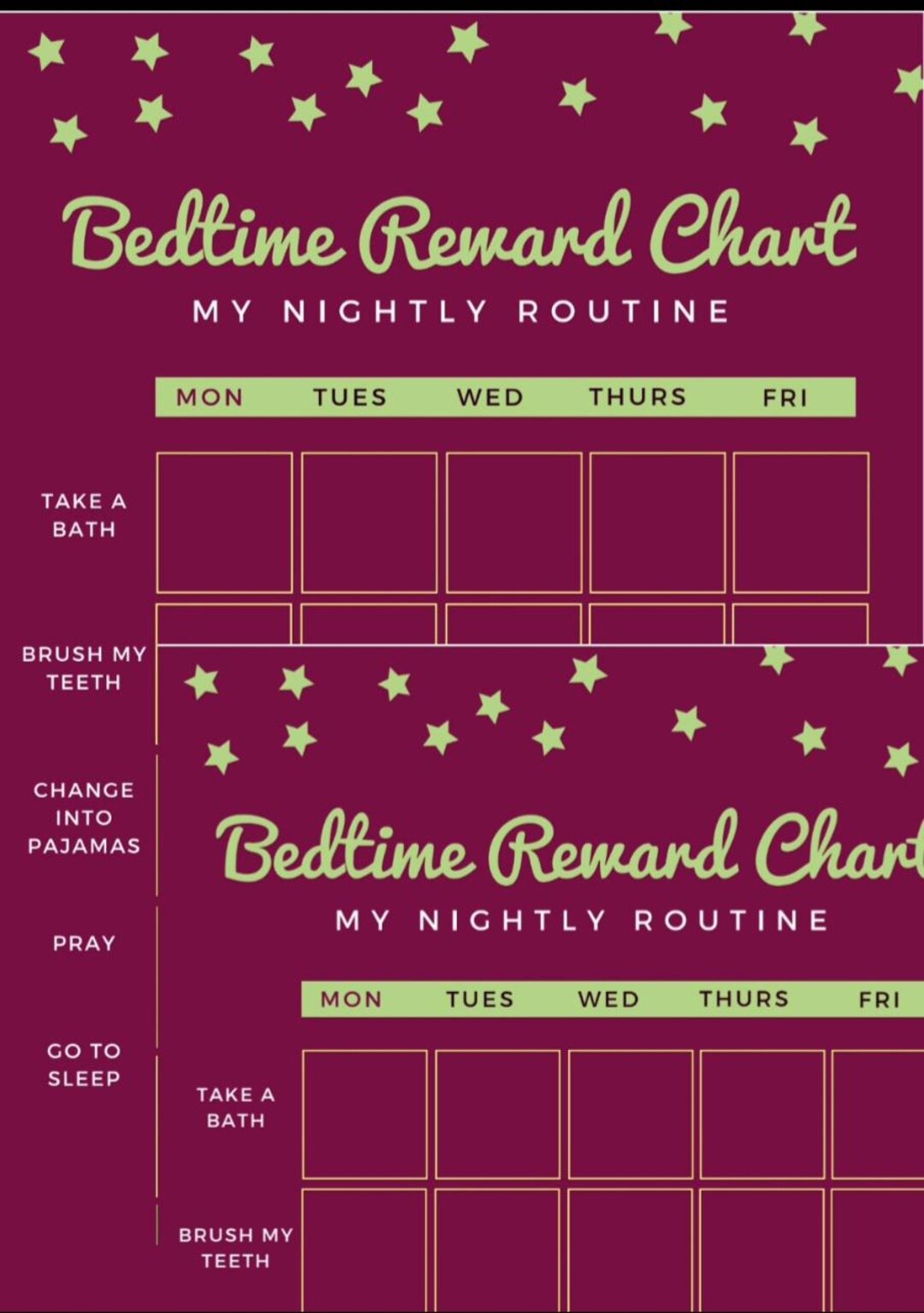 Kids Bedtime Reward Chart, Printable Chart, Fun Bedtime Routine, Kids ...