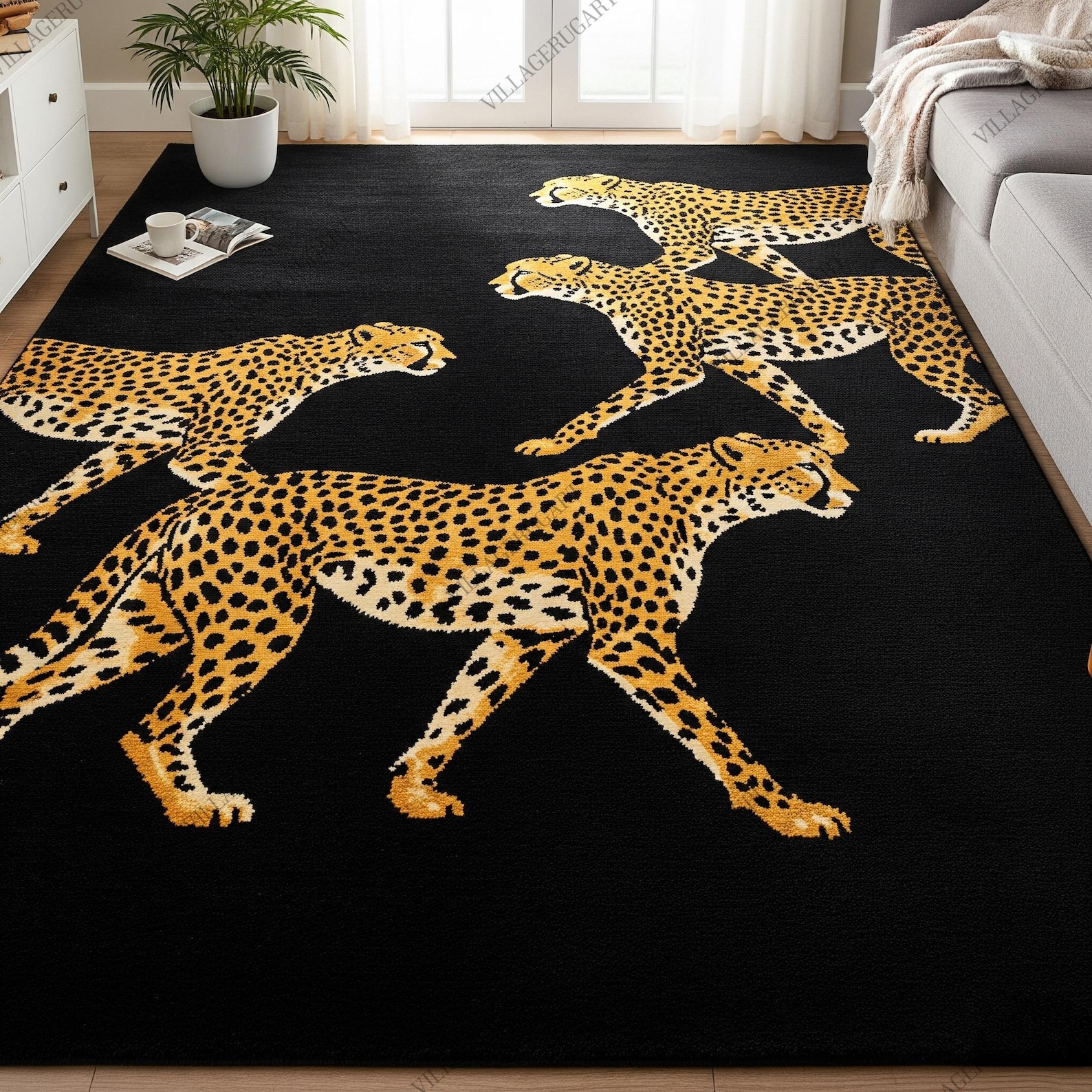 Solid Black Cheetah Design Hand Tufted Custom Wool Rug, Modern Animal ...