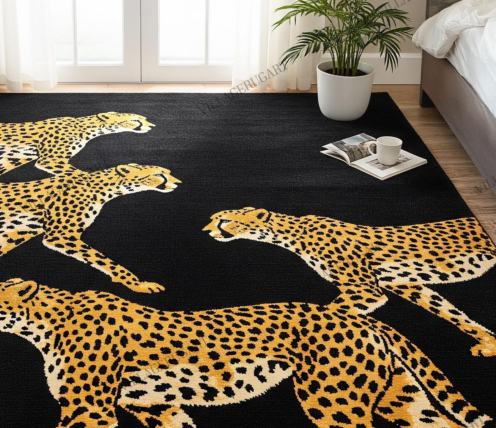 Solid Black Cheetah Design Hand Tufted Custom Wool Rug, Modern Animal ...