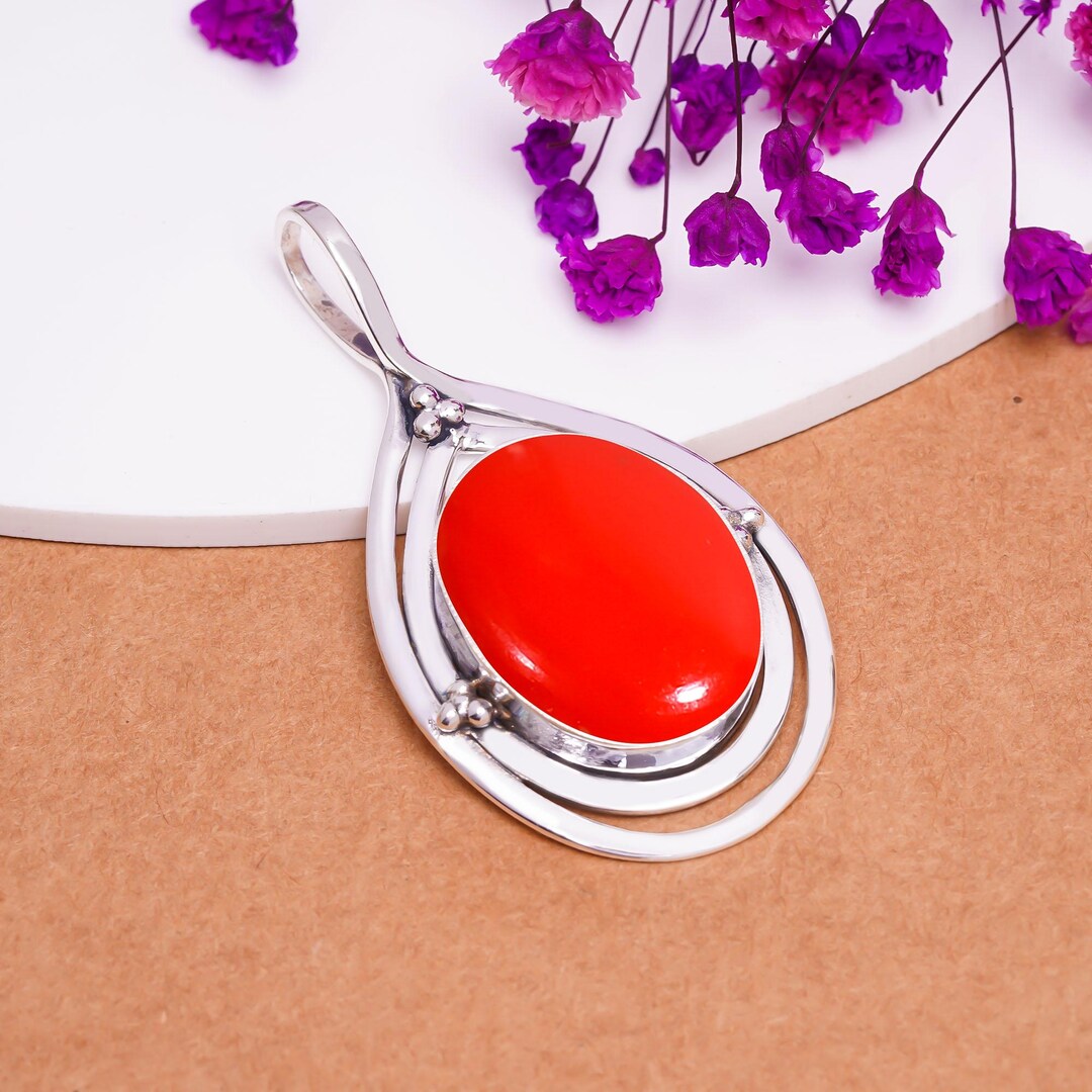 Red Coral Sterling Silver Pendant: Handmade Gemstone Jewelry - Etsy