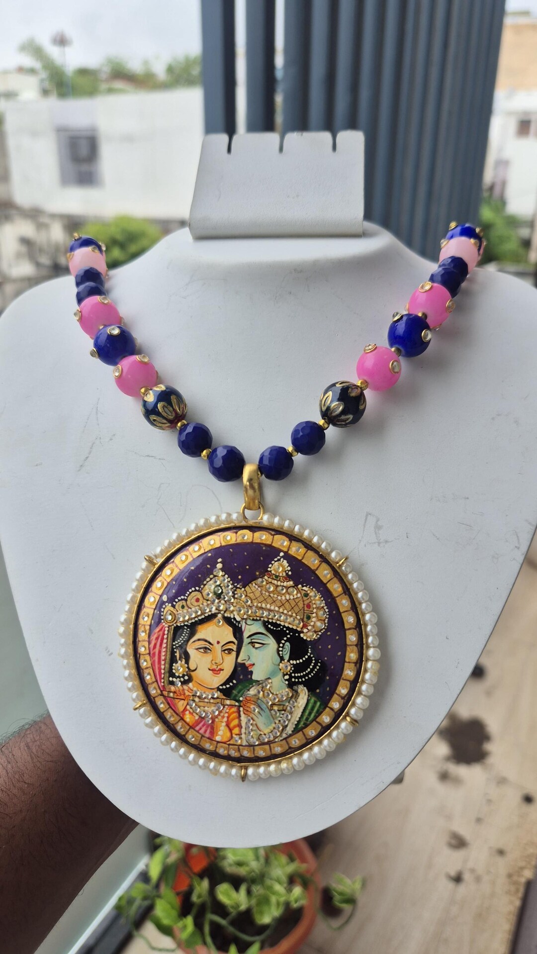 Hand-painted Radha Krishna Pendant Necklace | Traditional Indian ...
