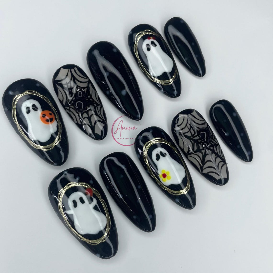 Spooky Ghost Press-on Nails: Halloween Spider Web Black Long Nails - Etsy