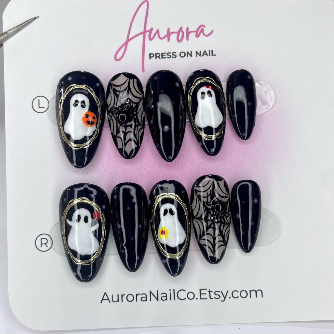 Spooky Ghost Press-on Nails: Halloween Spider Web Black Long Nails - Etsy