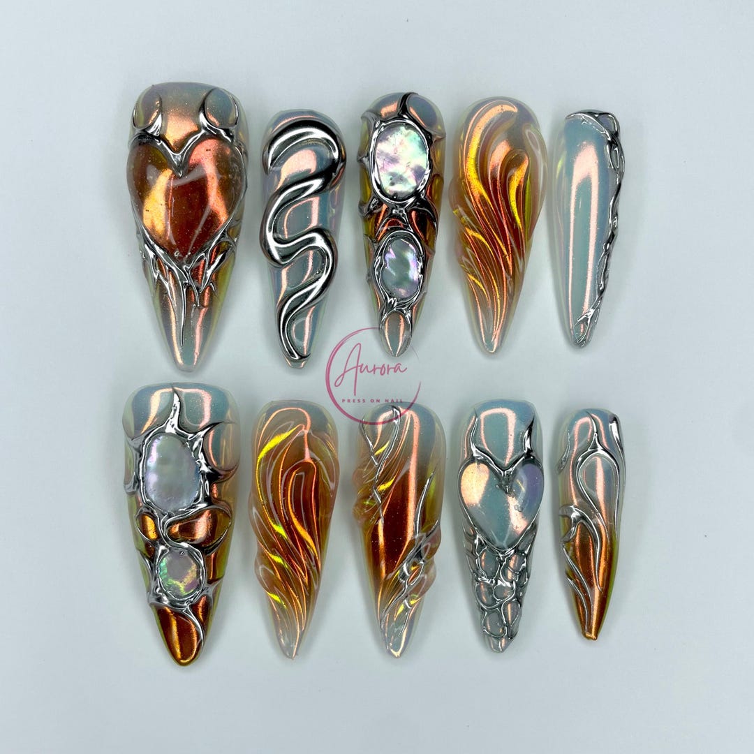 Gold Chrome Stiletto Press on Nails | Opal Accent, Gothic Armor ...