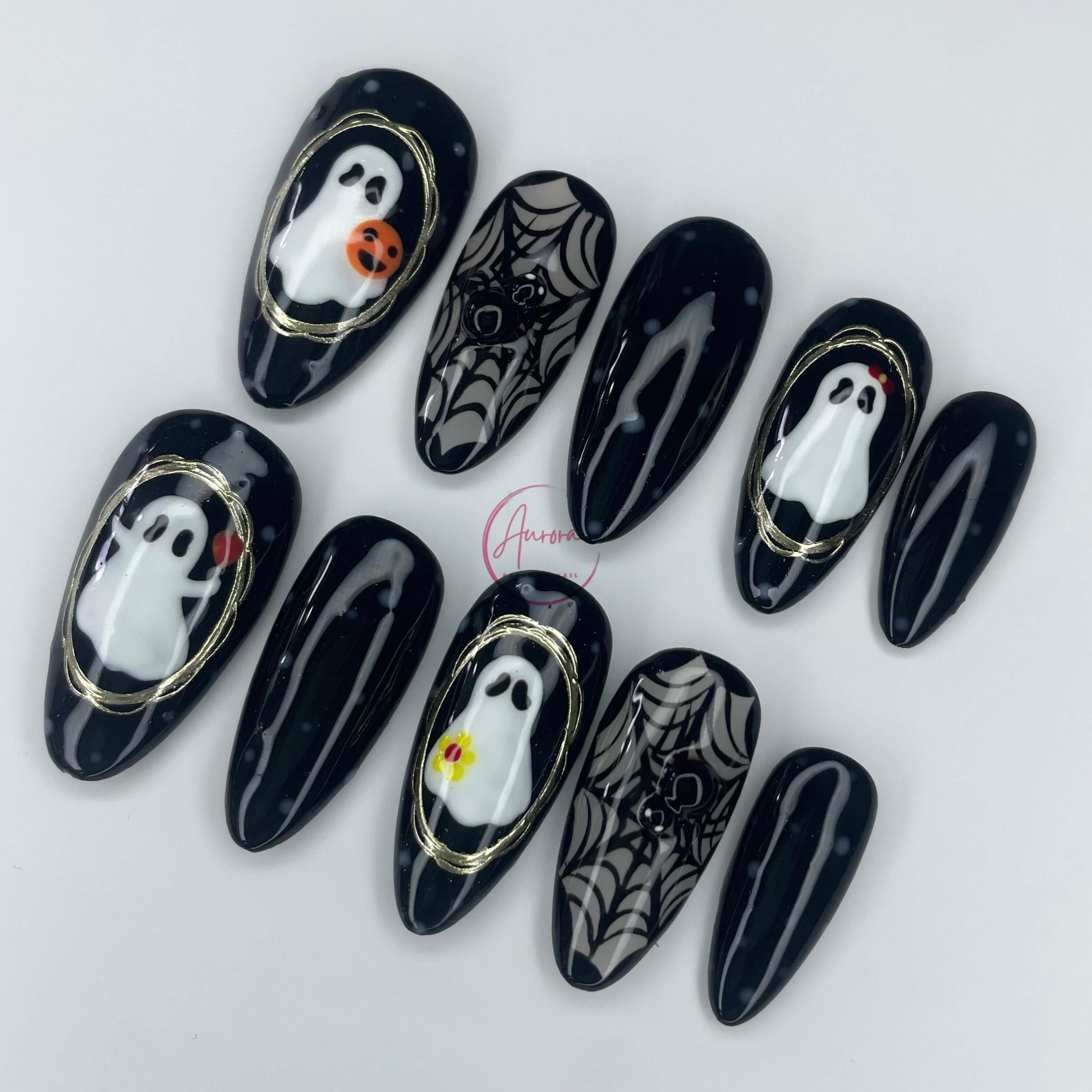 Spooky Ghost Press-on Nails: Halloween Spider Web Black Long Nails - Etsy