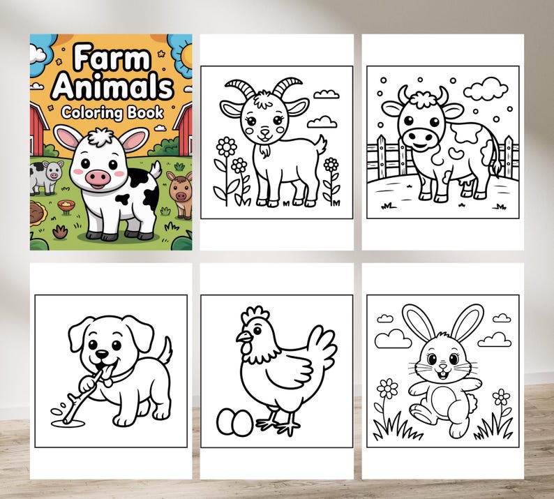 Farm Animal Coloring Book, Kids Printable Activity, PDF Download, 60 ...