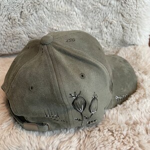 Embroidered Wildflowers - Burned Olive Green Suede Baseball Cap With ...