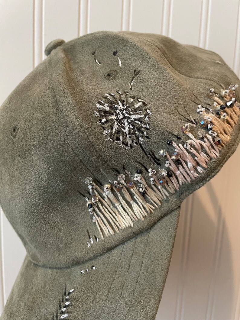 Embroidered Wildflowers - Burned Olive Green Suede Baseball Cap With ...