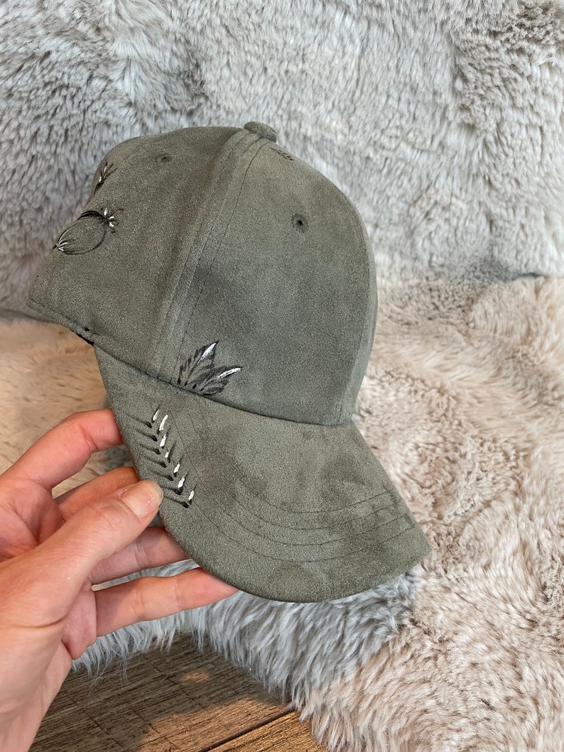 Embroidered Wildflowers - Burned Olive Green Suede Baseball Cap With ...