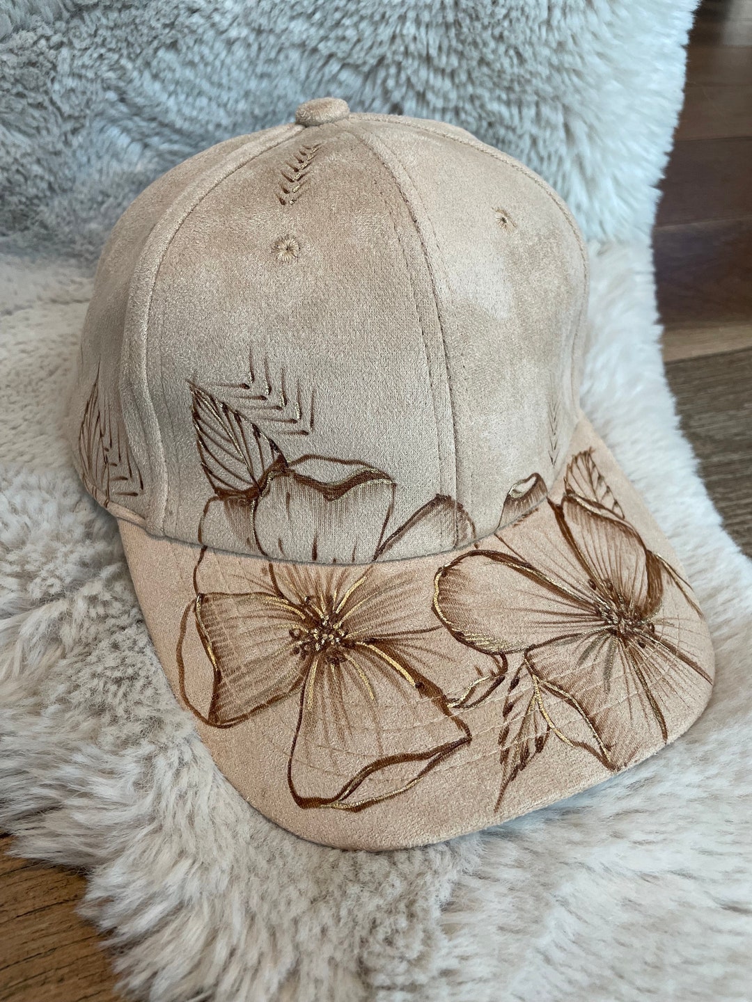 Wildflower Light Tan Suede Baseball Cap With Burnt Details / Burned Hat ...
