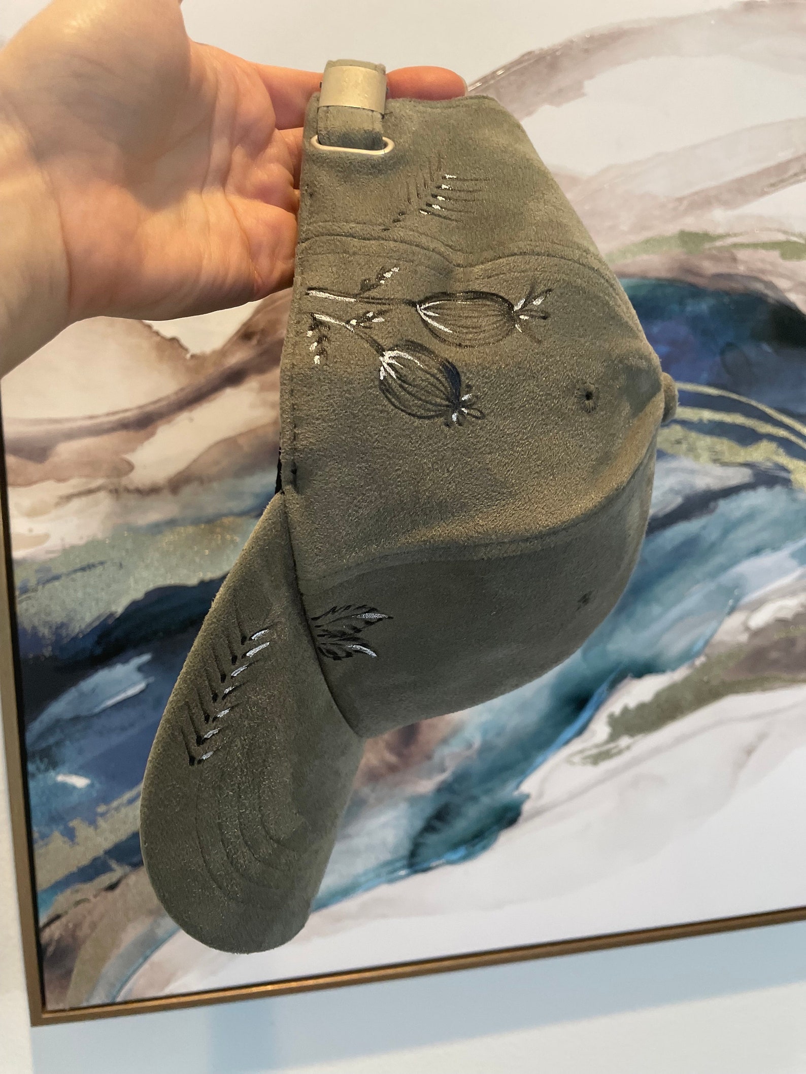 Embroidered Wildflowers - Burned Olive Green Suede Baseball Cap With ...