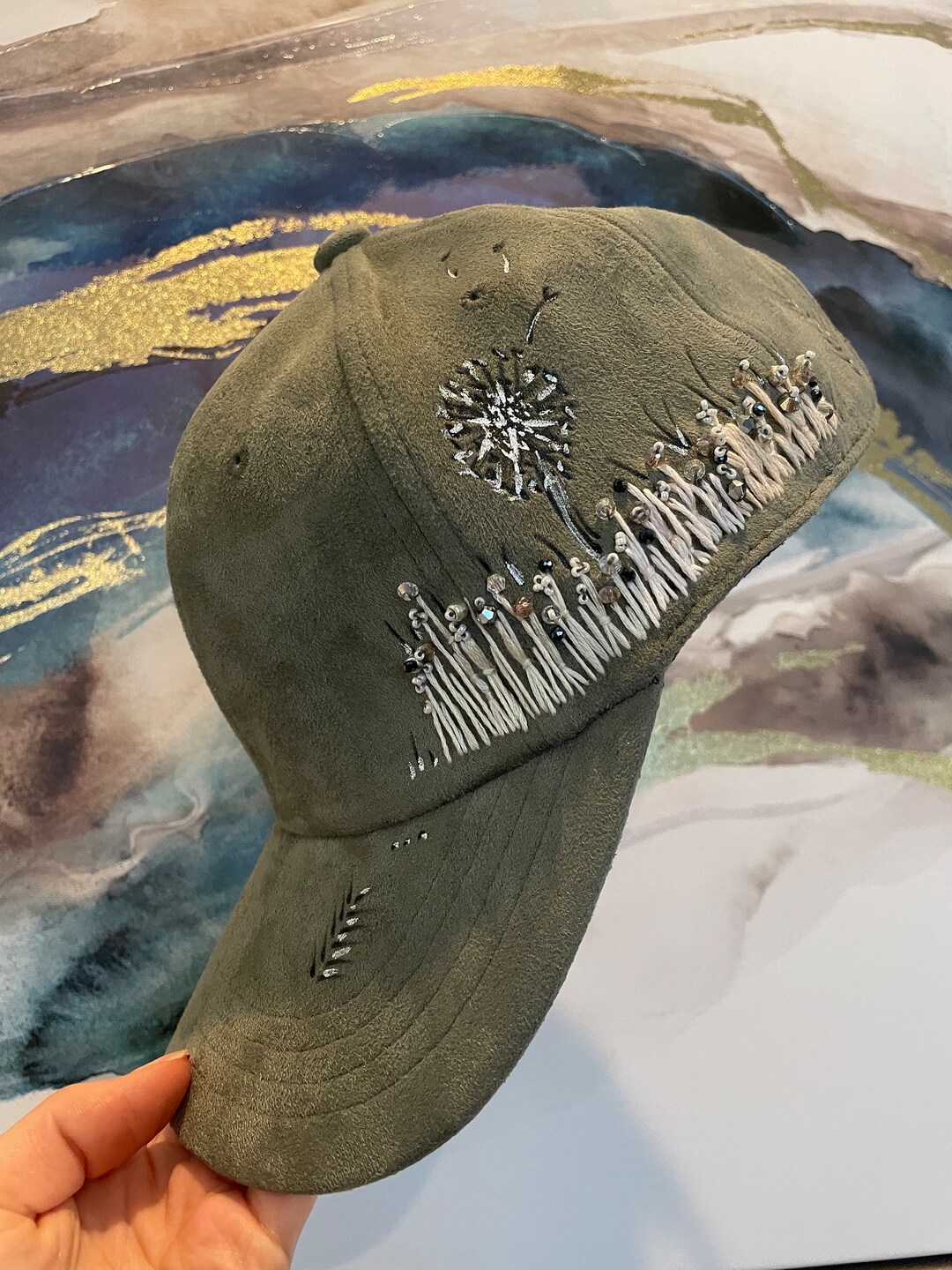 Embroidered Wildflowers - Burned Olive Green Suede Baseball Cap With ...