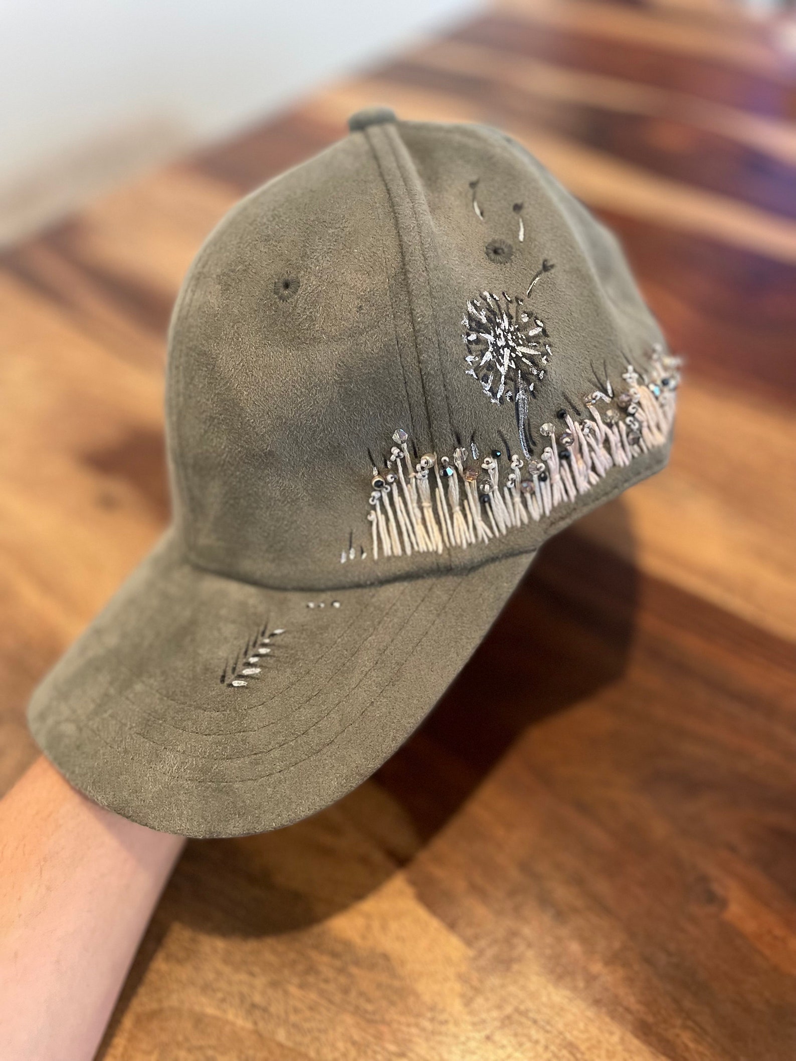 Embroidered Wildflowers - Burned Olive Green Suede Baseball Cap With ...