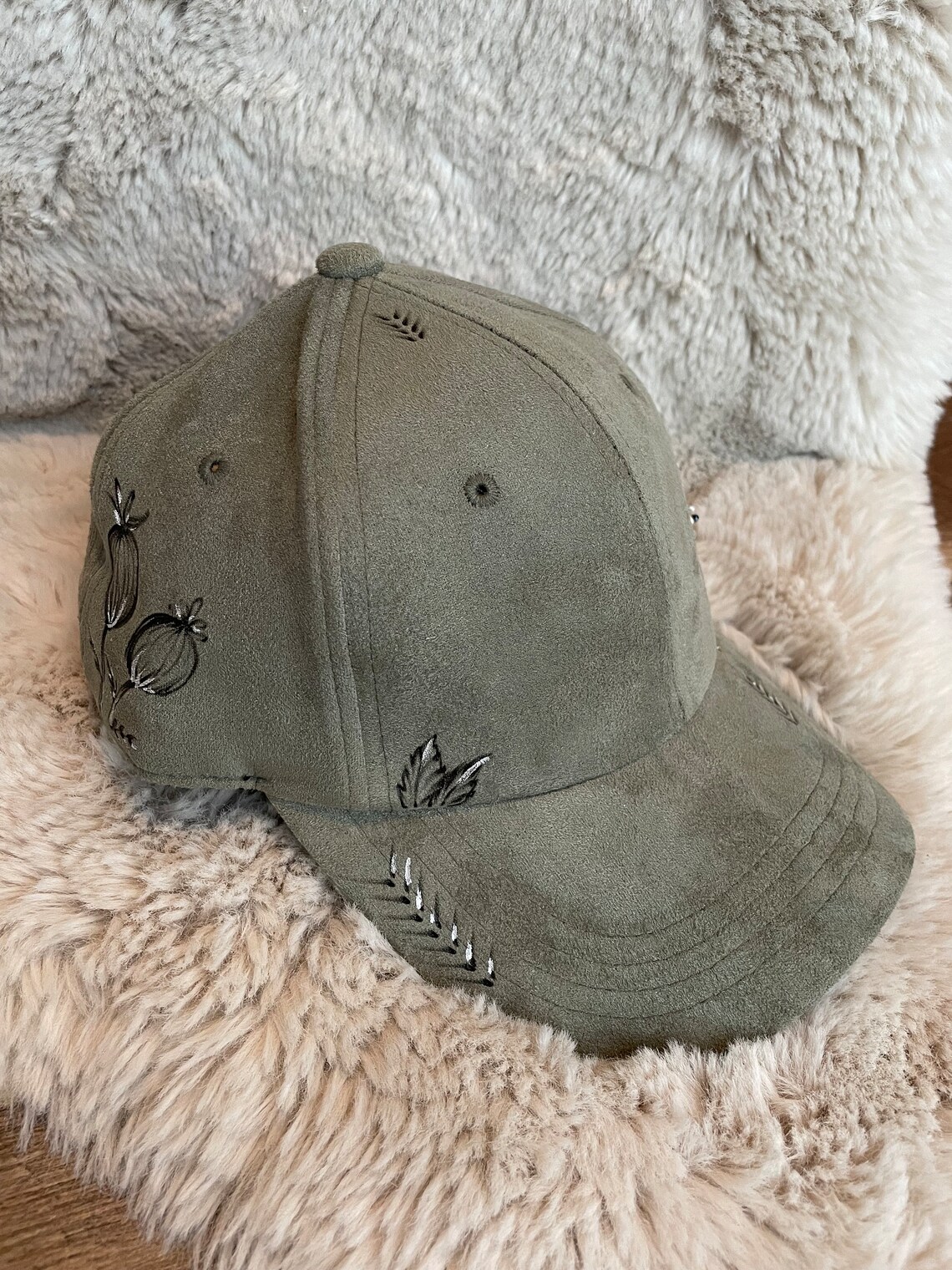 Embroidered Wildflowers - Burned Olive Green Suede Baseball Cap With ...