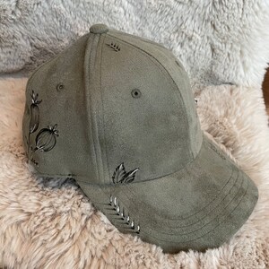 Embroidered Wildflowers - Burned Olive Green Suede Baseball Cap With ...