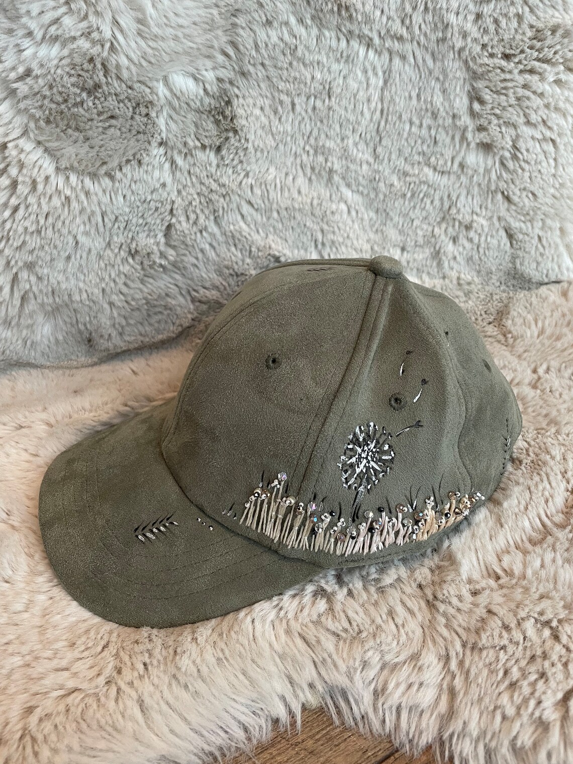 Embroidered Wildflowers - Burned Olive Green Suede Baseball Cap With ...