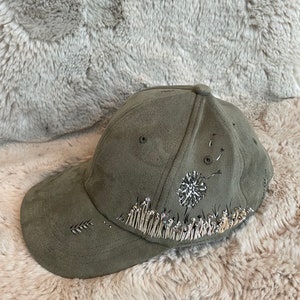 Embroidered Wildflowers - Burned Olive Green Suede Baseball Cap With ...
