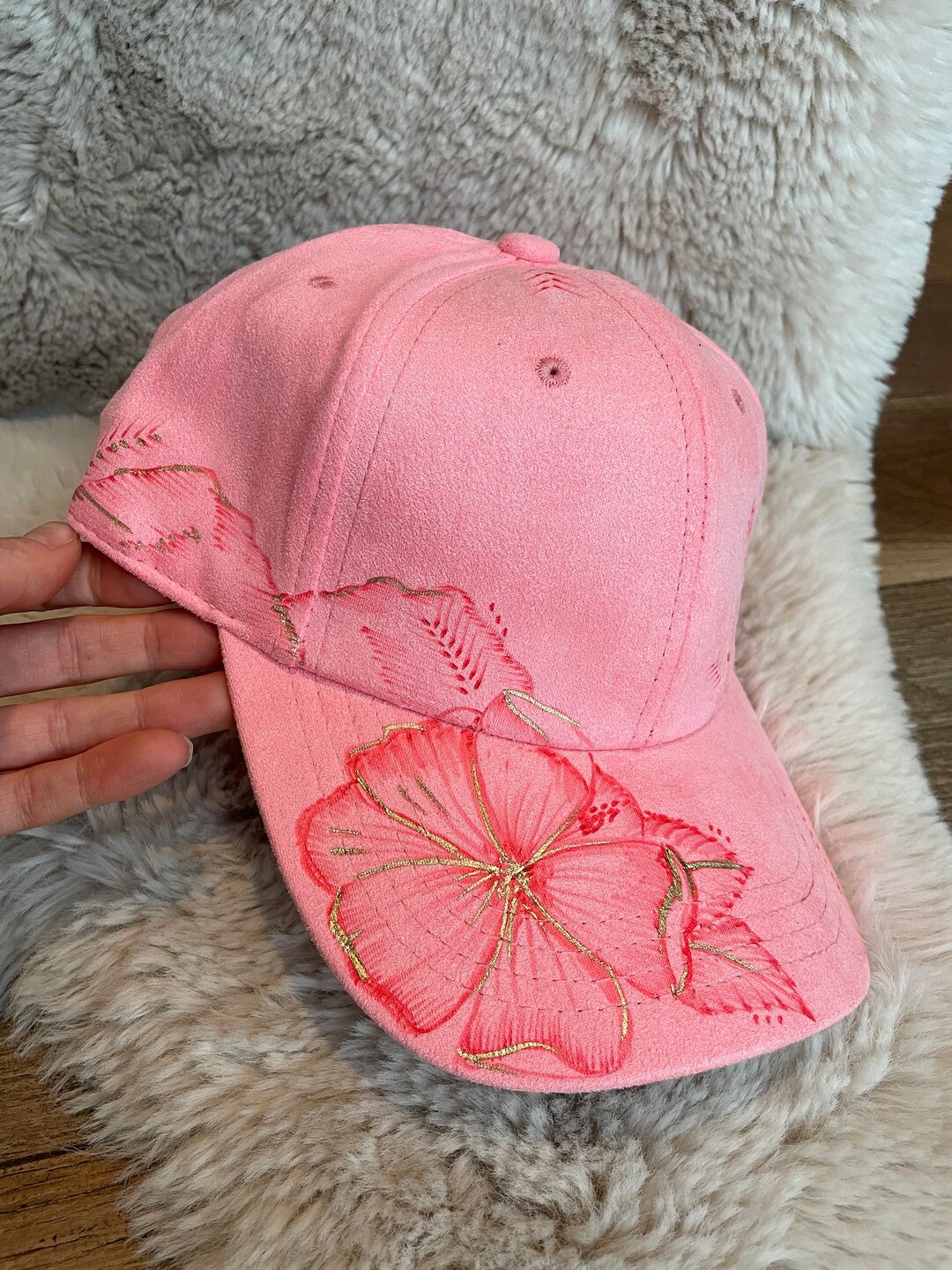 Wildflower and Hummingbird Light Pink Suede Baseball Cap With Burnt ...