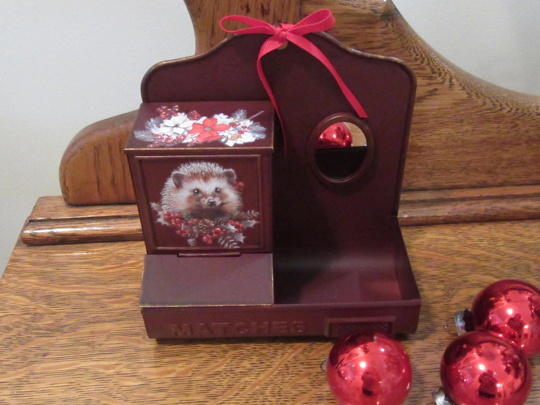 Primitive Vintage Red Metal Matchbox Holder With Hedgehog, Striker, and ...