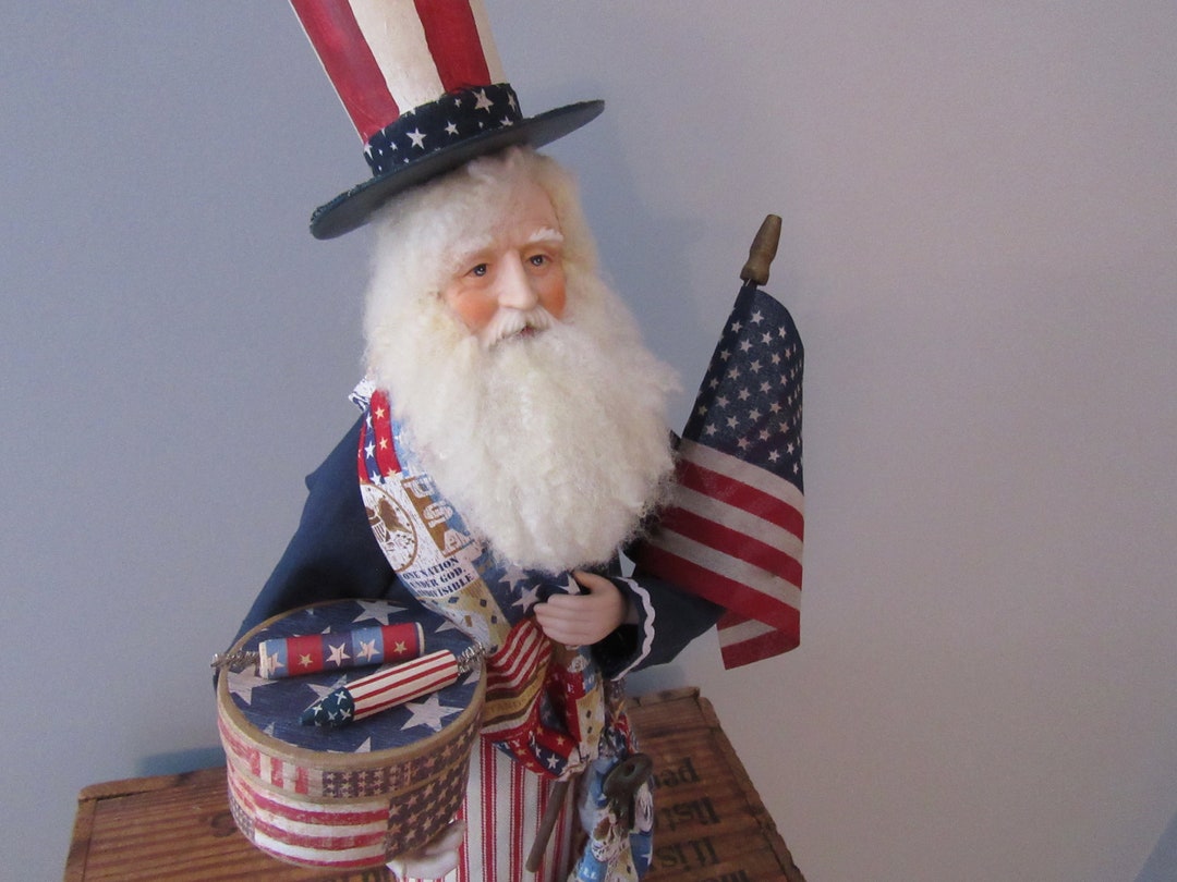 Uncle Sam, Memorial Day Figurine, Patriotic Santa Claus, With Flag ...