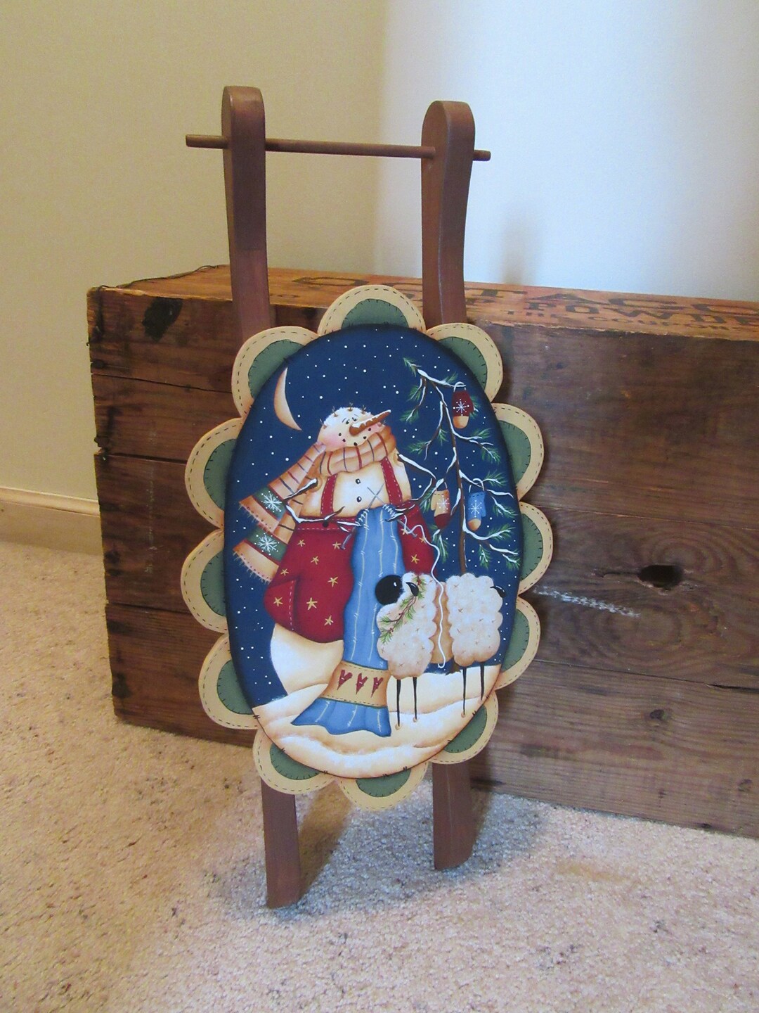 Primitive Hand Painted Snowman Sled Handmade Folk Art Wood Sled Penny ...