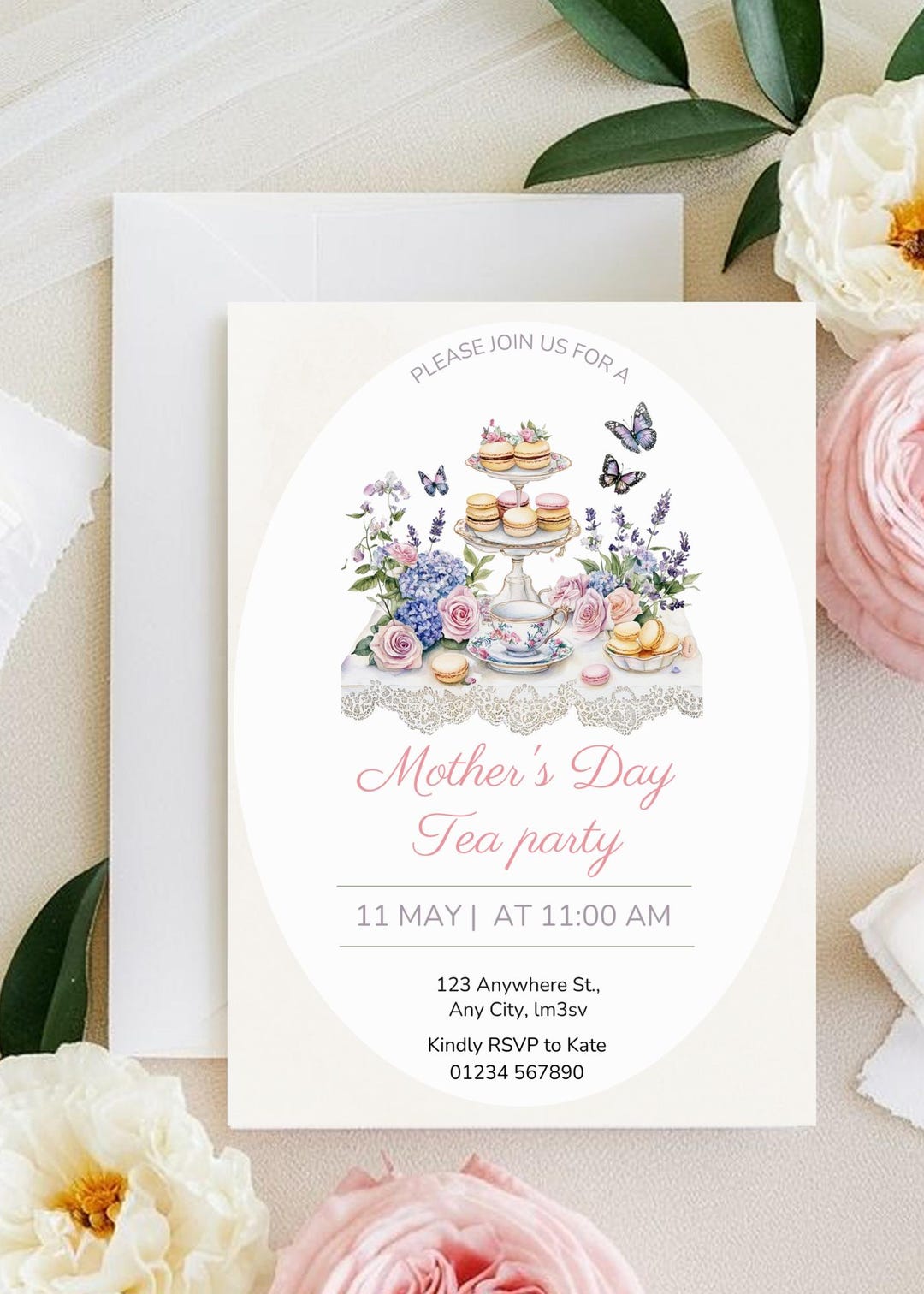 Mothers Day Tea Party Invitation, Printable Butterflies and Flowers ...