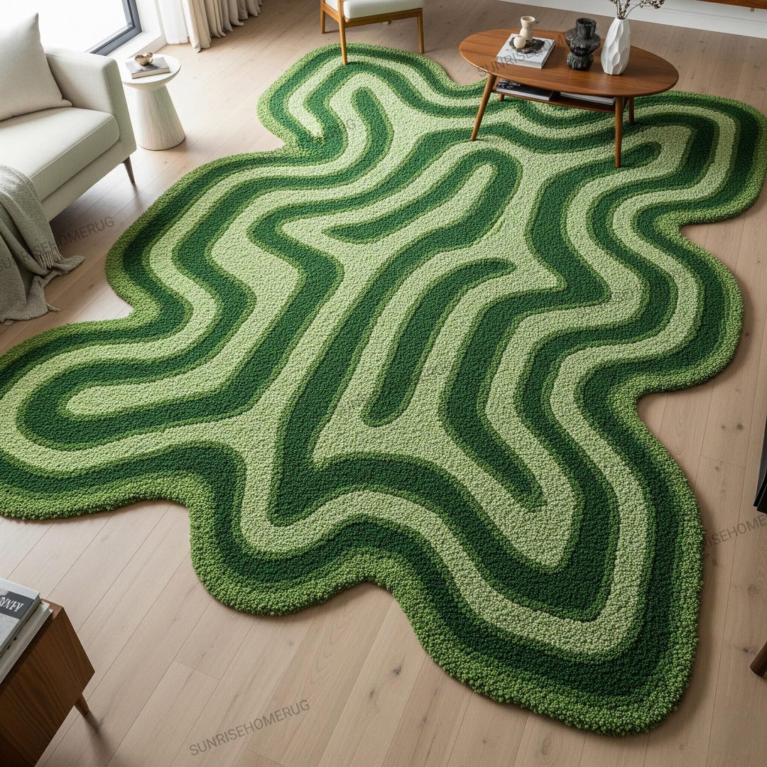 Forest Sage Green Hand Tufted Wool Rug, Irregular Abstract Wavy Area ...