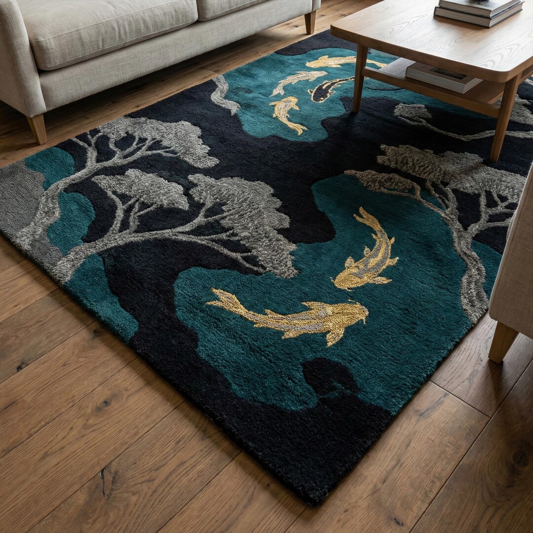 Hand Tufted Koi Fish Rug, Teal Grey Nature Inspired Wool Area Rugs - Etsy