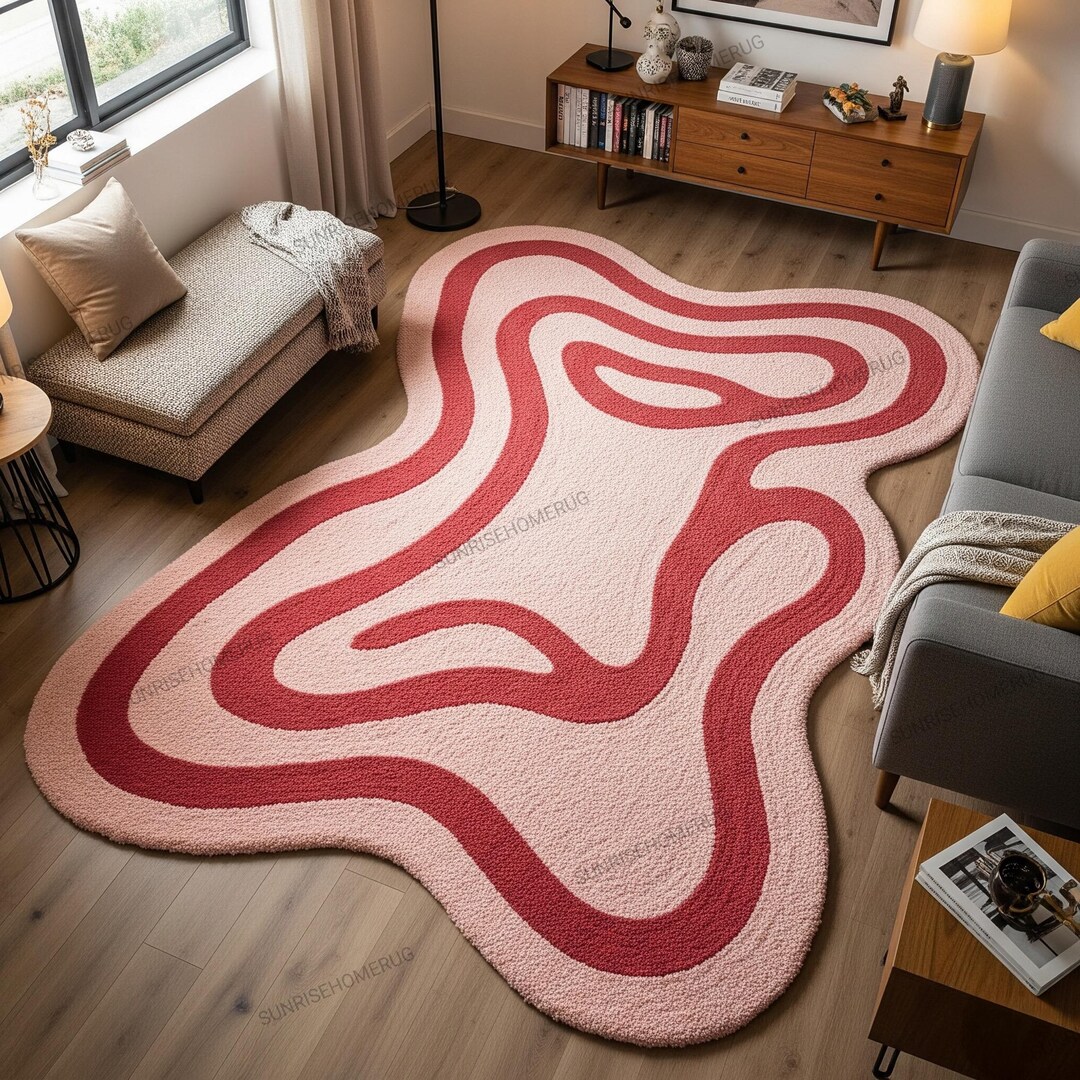 Irregular Pink Red Hand Tufted Wool Rug, Abstract Freeform Shape Living ...