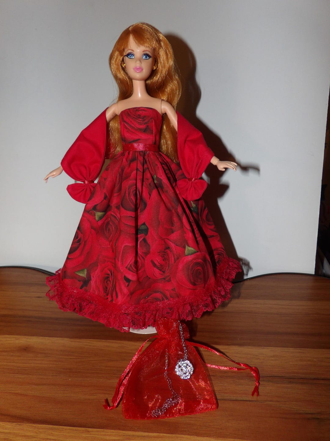 Elegant Long Dress in Realistic Red Rose Print & Red Shall for Fashion ...