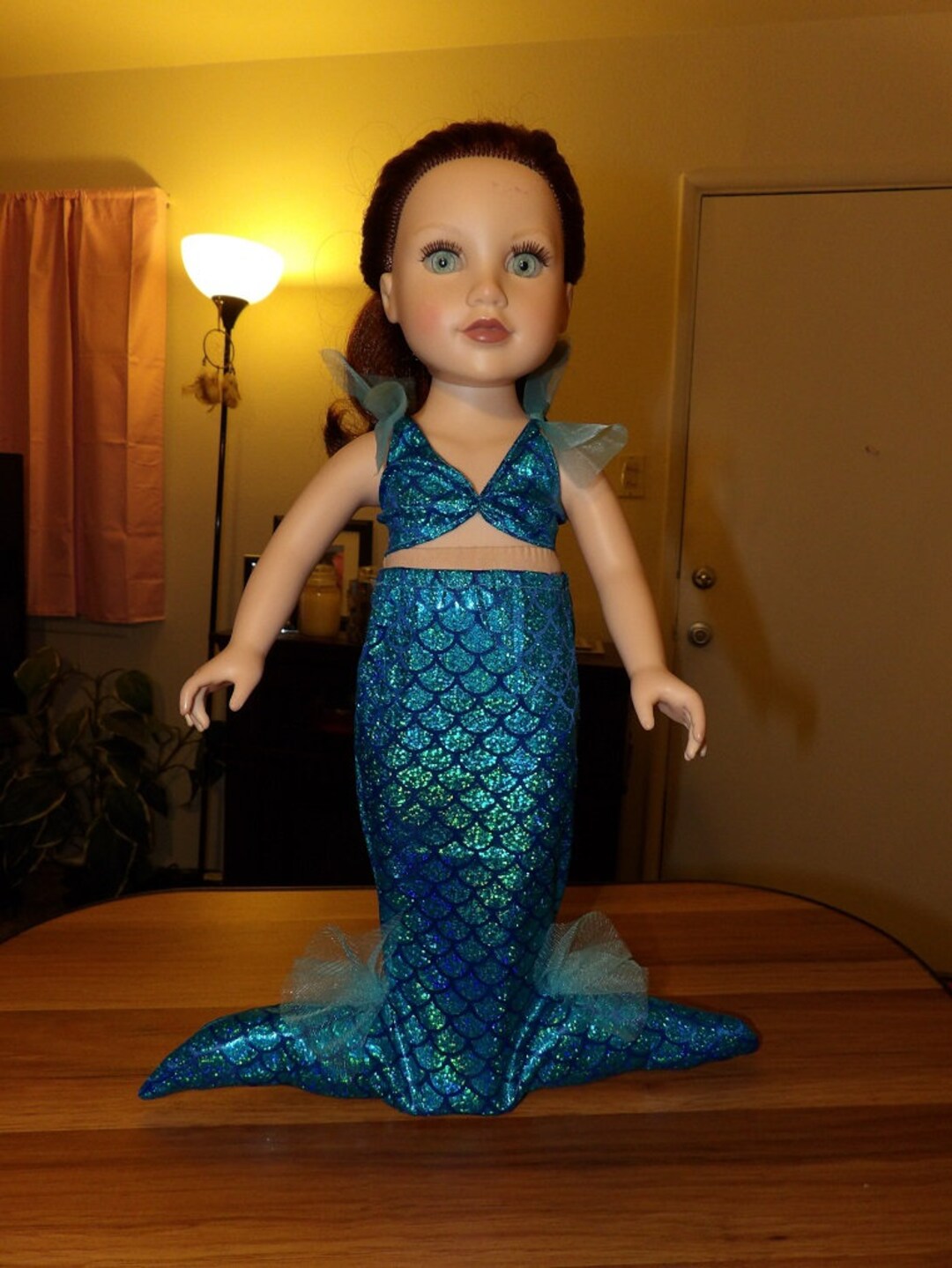 Matallic Blue Fish Scale Print Mermaid Costume With Top & Tail Skirt ...