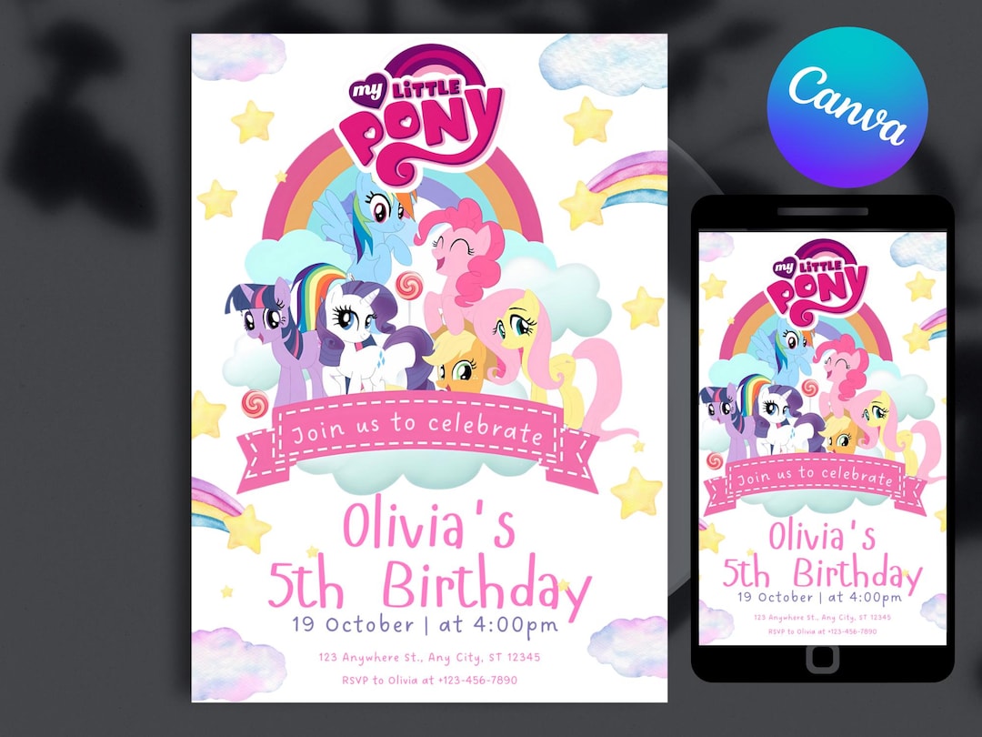 My Little Pony Birthday Invitation: Editable Pony Party, Canva Template ...