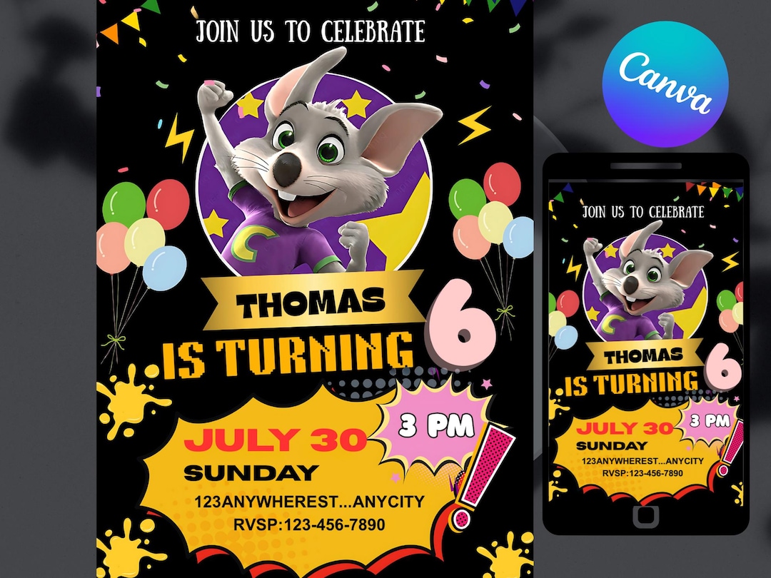 Chuck E. Cheese Birthday Invitation: Editable Canva Template (digital ...