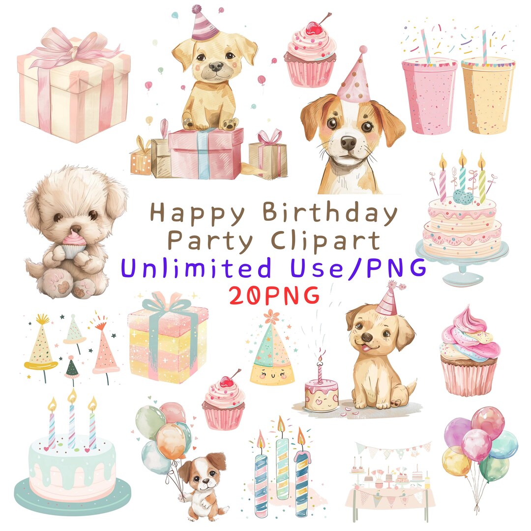 Puppy Birthday Party Clipart, Watercolor PNG Bundle - Etsy