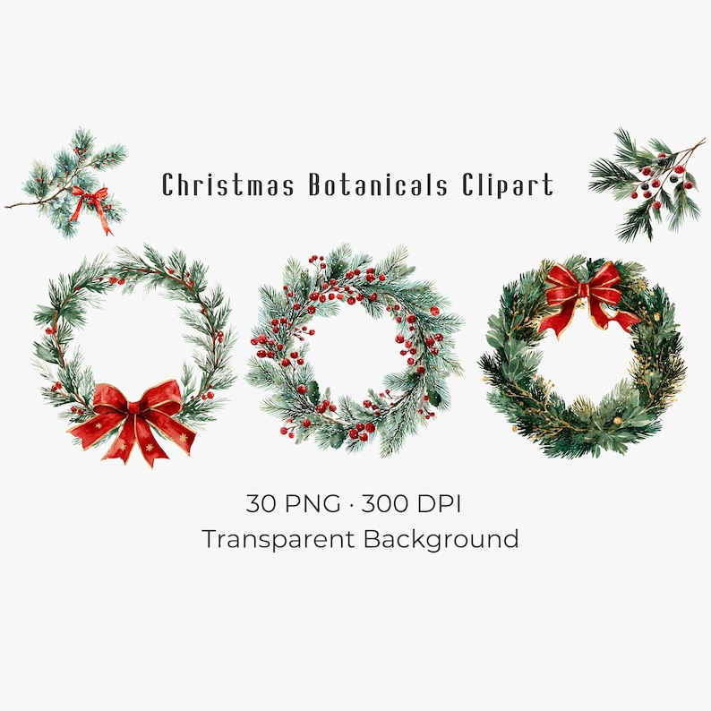 Watercolor Christmas Wreath Clipart Set | Holiday Greenery PNG (digital ...
