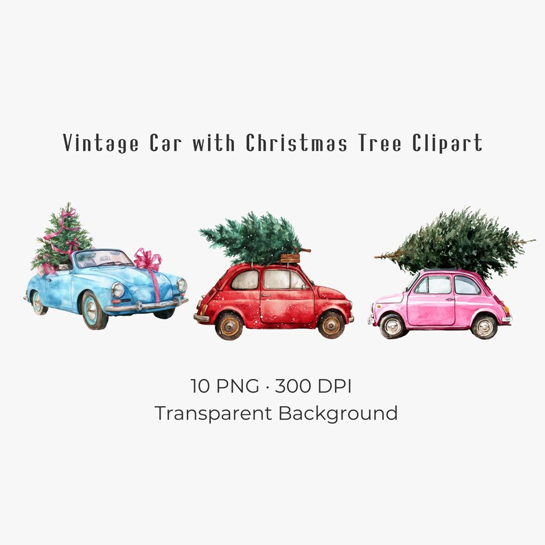Watercolor Christmas Car Clipart | Retro Holiday PNG Set - Etsy