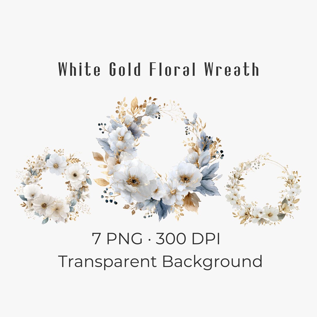 White Gold Floral Wreath Clipart | Winter Wedding Flowers | 7 PNG, 300 ...