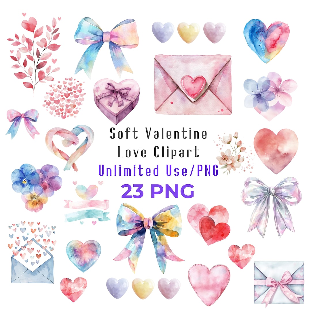 Watercolor Valentine Clipart Bundle | Hearts Bows Envelope Leaves ...