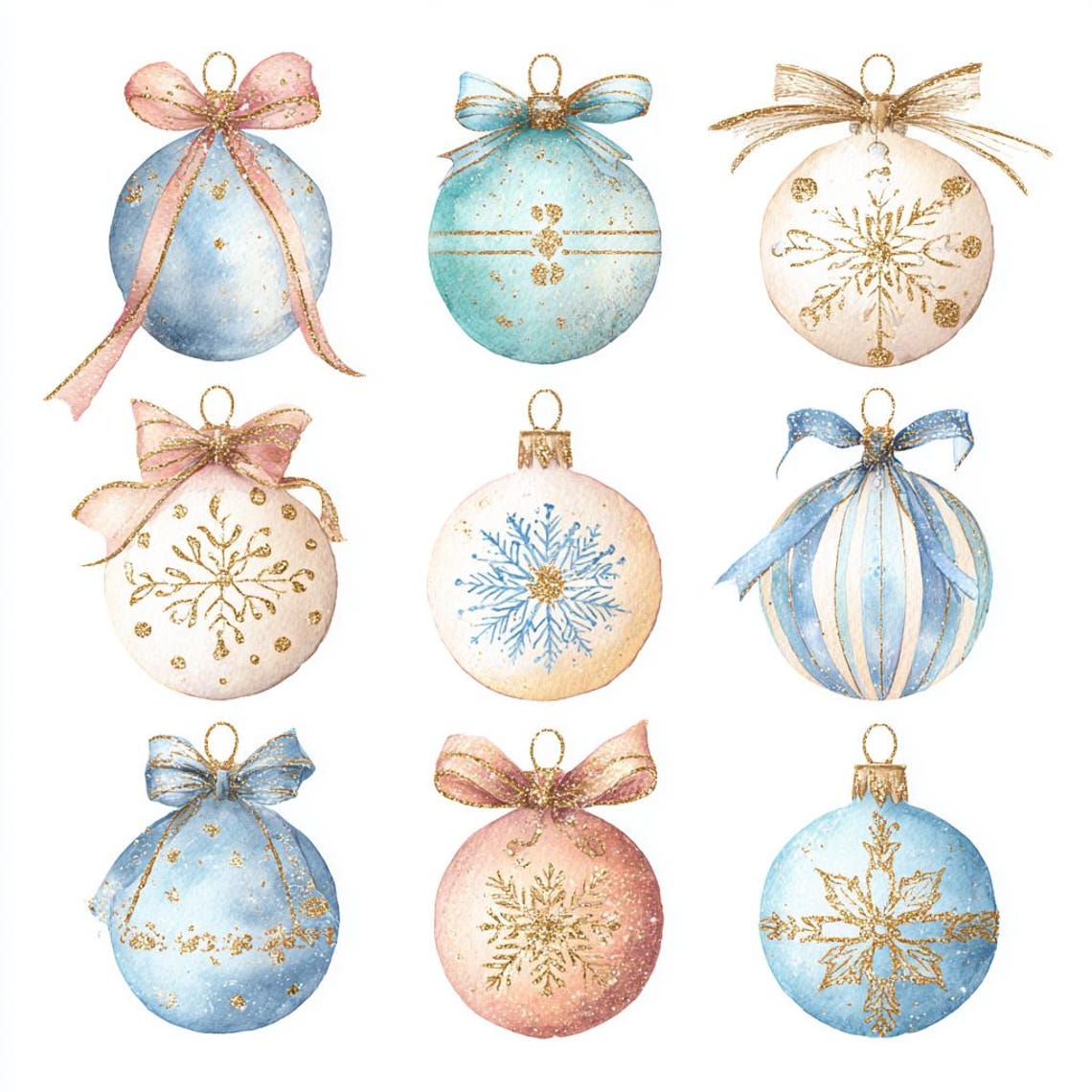 Watercolor Christmas Ornaments Clipart | Pastel Baubles & Snowflakes ...