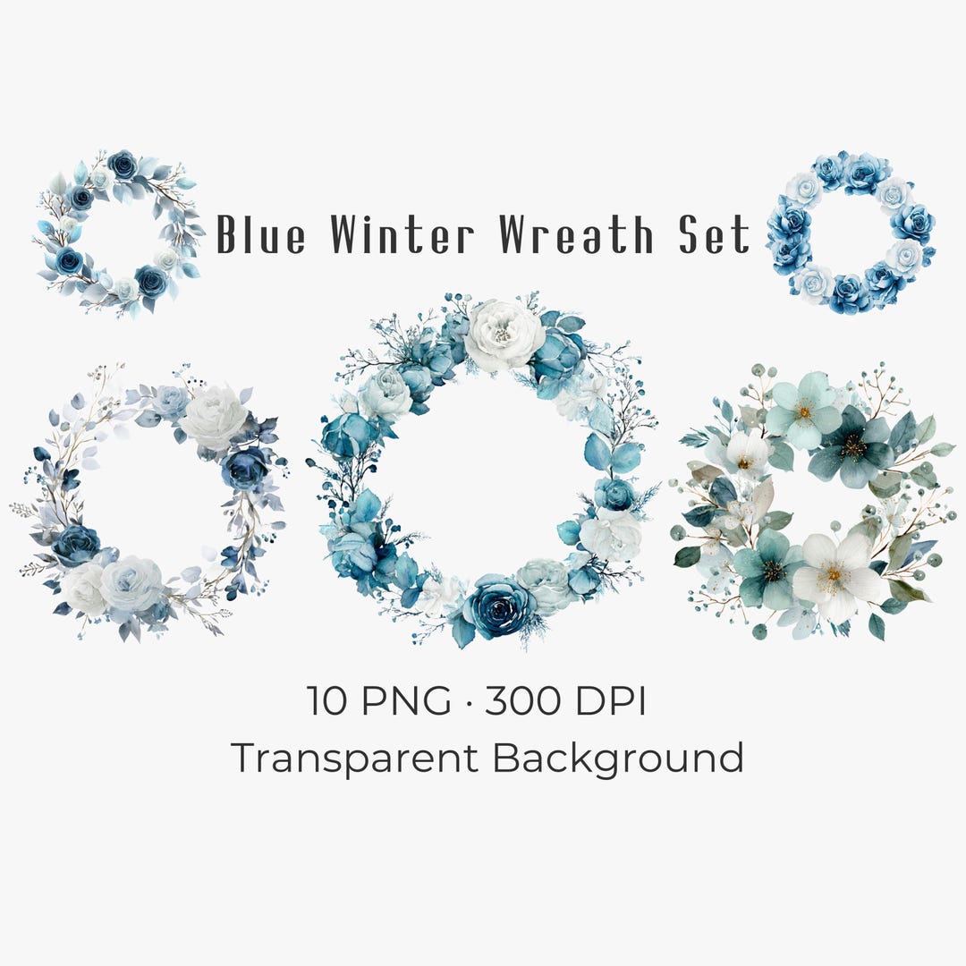 Blue Winter Wreath Clipart Set, Watercolor Floral Christmas Wreath PNG ...