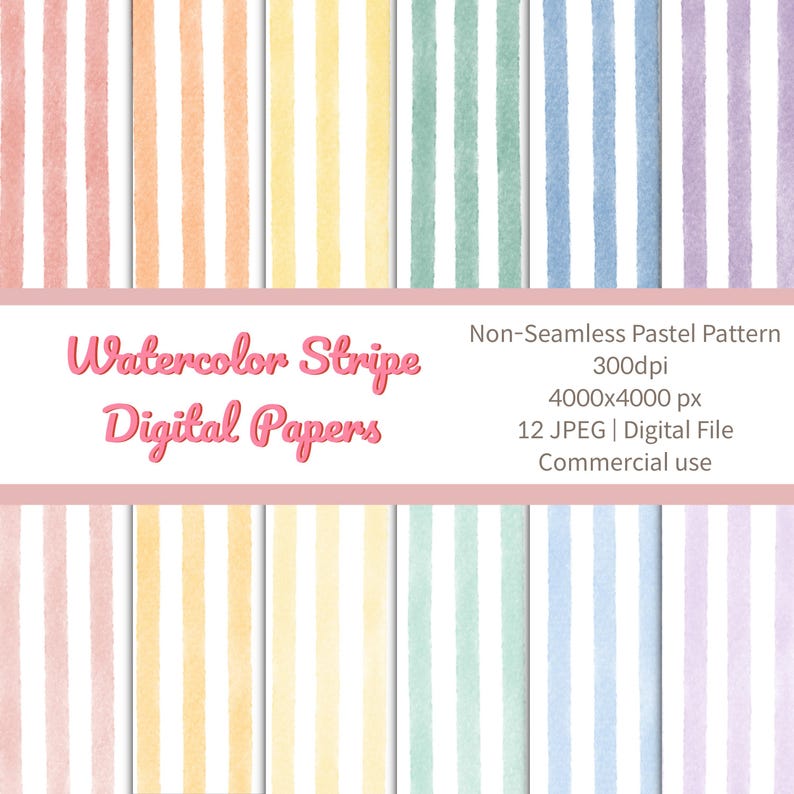 Pastel Watercolor Stripe Digital Paper Pack: Hand-painted Textures (JPG ...