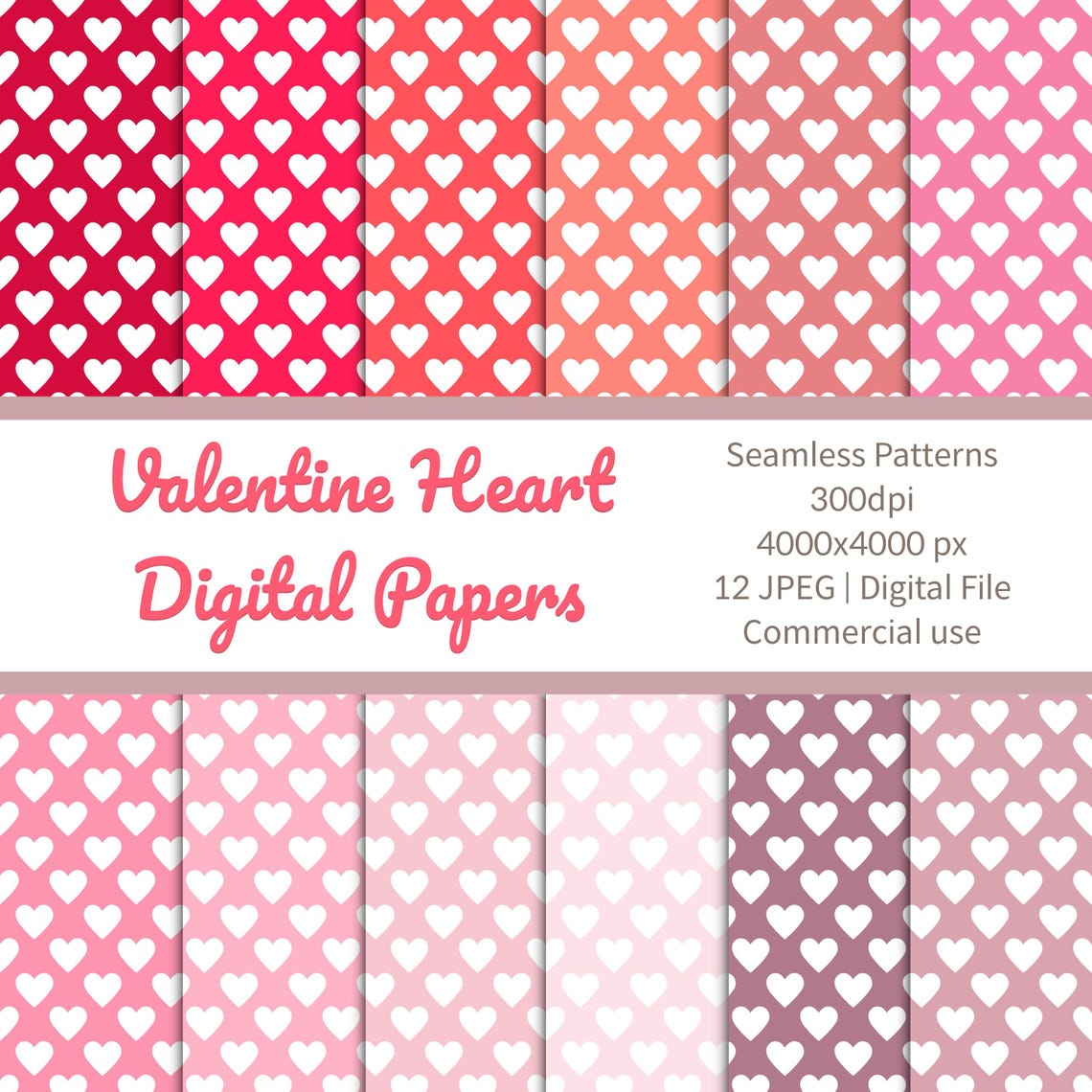 Valentine Heart Digital Paper, Seamless Pink Patterns (12 JPG) - Etsy