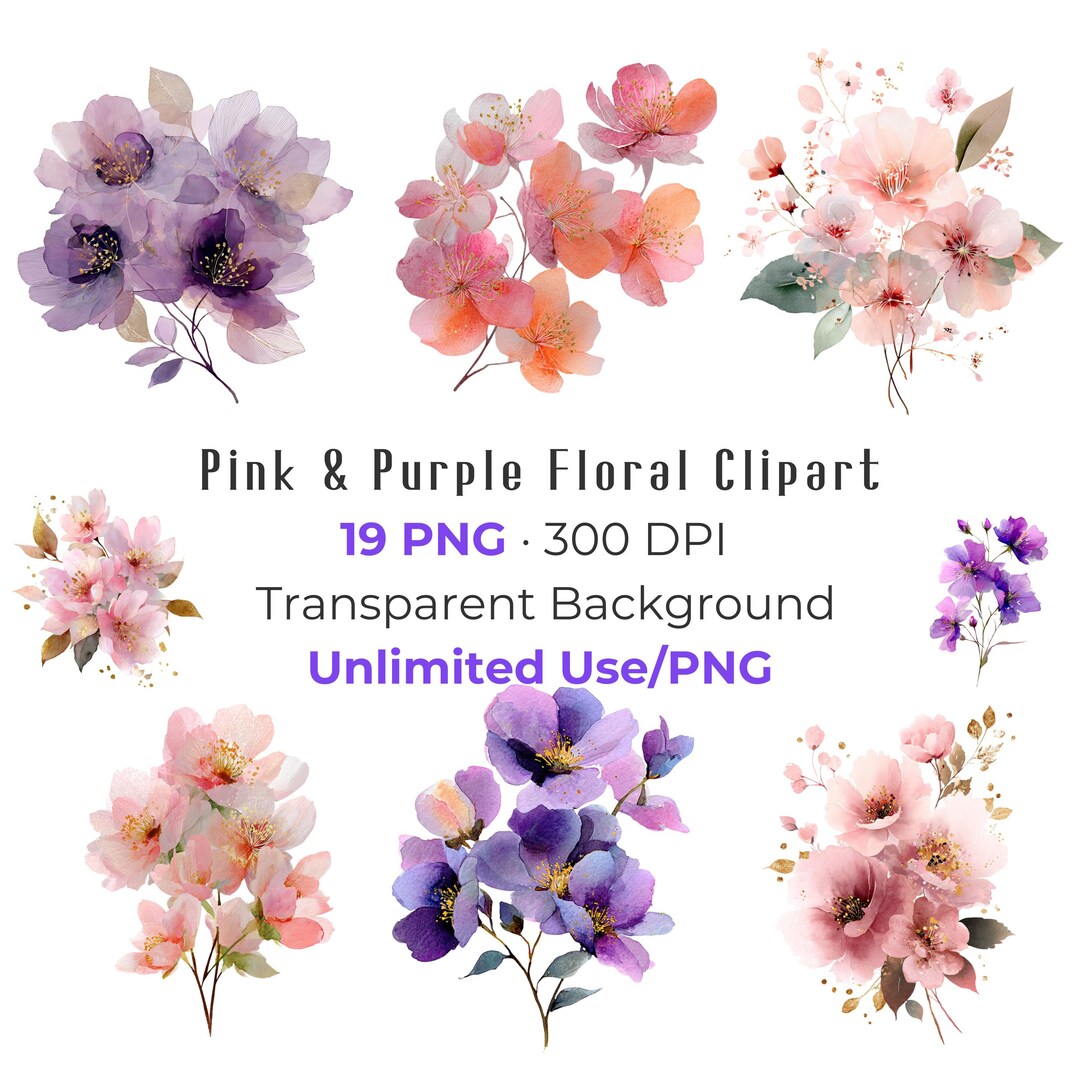Pink & Purple Watercolor Floral Clipart | 19 PNG | Elegant Flower ...